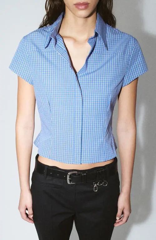 Mango Checked Cotton Cropped Shirt With Spread Collar - Blue