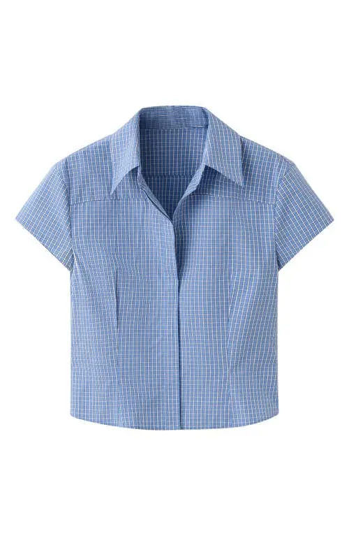 Mango Cropped Check Cotton Shirt With Spread Collar And Cap Sleeves