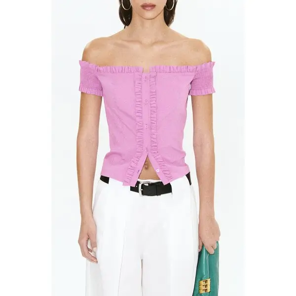 Mango Off-the-shoulder Ruffled Cropped Shirt - Pastel Pink