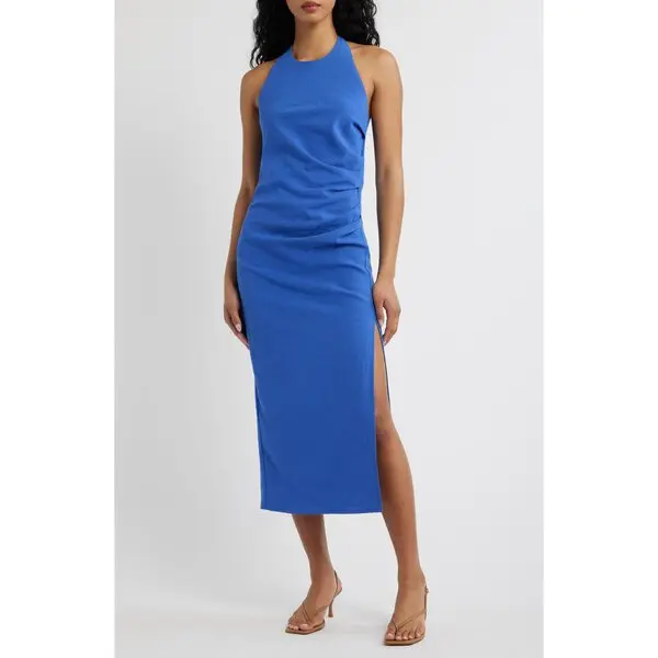 Mango Lola Halter Neck Draped Column Dress - Blue