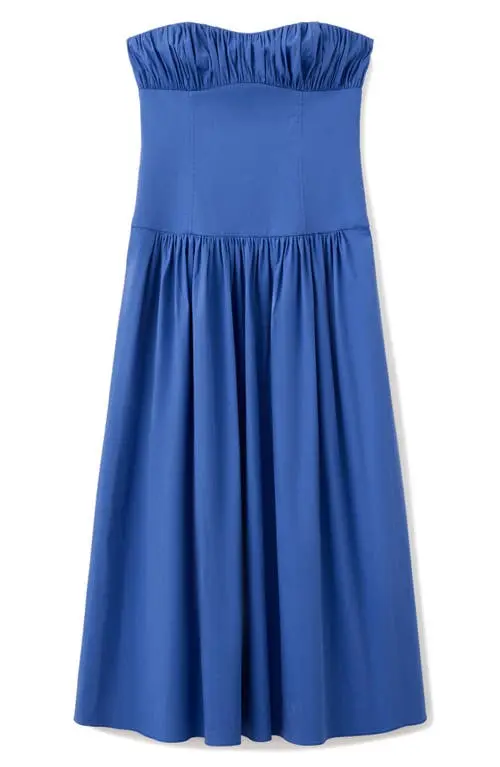 Mango Strapless Sweetheart Neck Ruched Bodice Cotton Blend Dress - Blue
