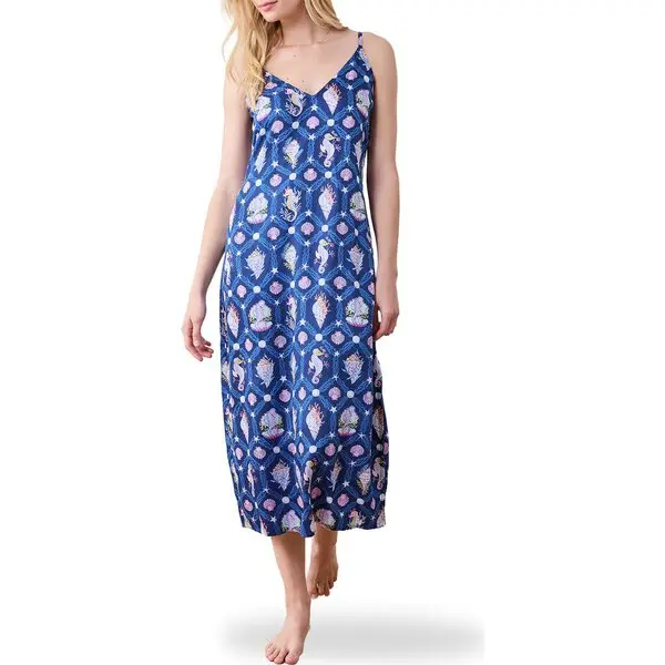 PRINTFRESH Chic To Sleep Satin Nightgown - Navy