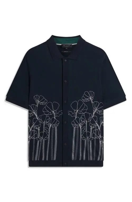 Ted Baker London Actton Embroidered Short Sleeve Knit Button-up Shirt