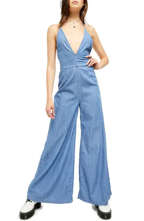Free People Josie Sleeveless Wide Leg Denim Jumpsuit - Sea Breeze Blue