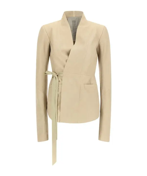 Rick Owens V-neck Leather Jacket With Tie Detail - Beige