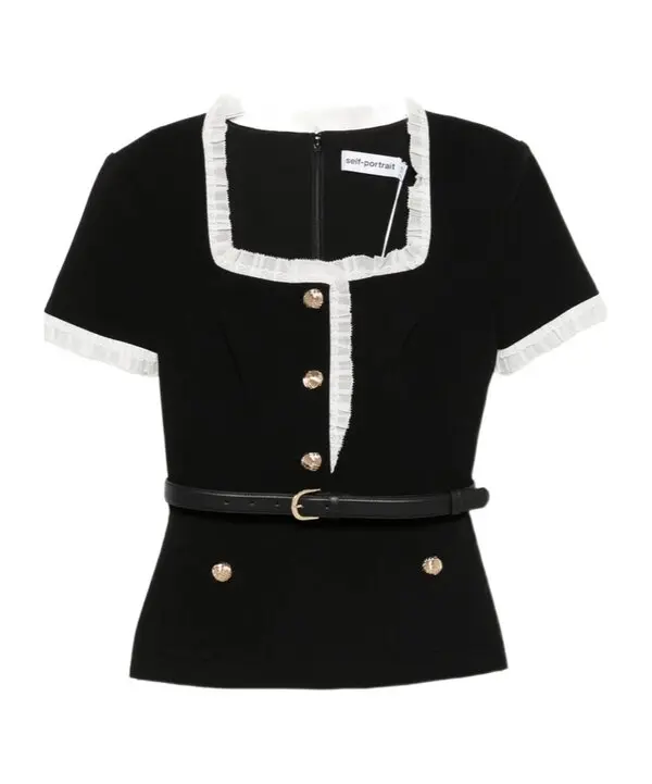 SELF-PORTRAIT Crepe Belted Blouse With Gold Buttons And Frill Trim