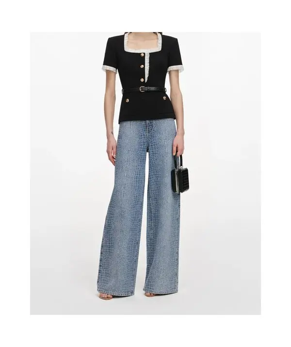 SELF-PORTRAIT Crepe Belted Blouse With Gold Buttons And Frill Trim