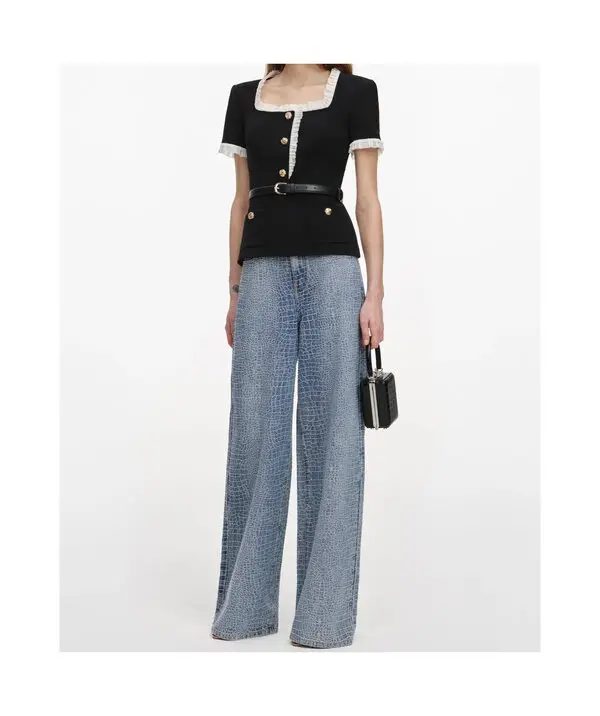 SELF-PORTRAIT Crepe Belted Blouse With Gold Buttons And Frill Trim