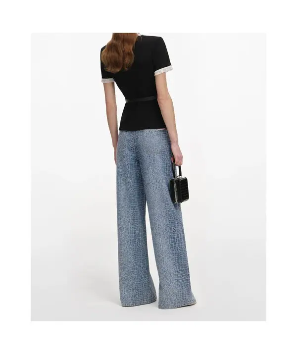 SELF-PORTRAIT Crepe Belted Blouse With Gold Buttons And Frill Trim