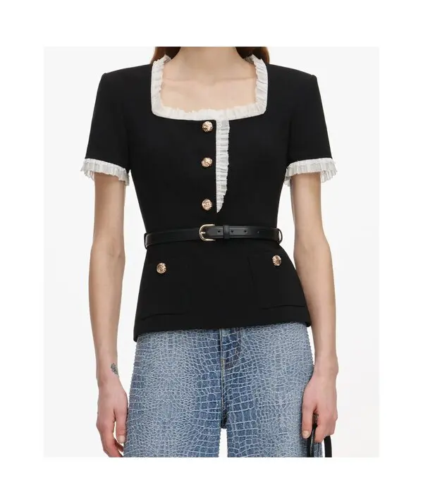 SELF-PORTRAIT Crepe Belted Blouse With Gold Buttons And Frill Trim
