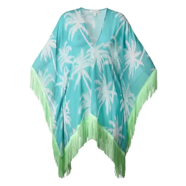 COCO RIKO IBIZA Green / Blue Lourdes Fringe Kaftan Lagoon Palm - Green/blue