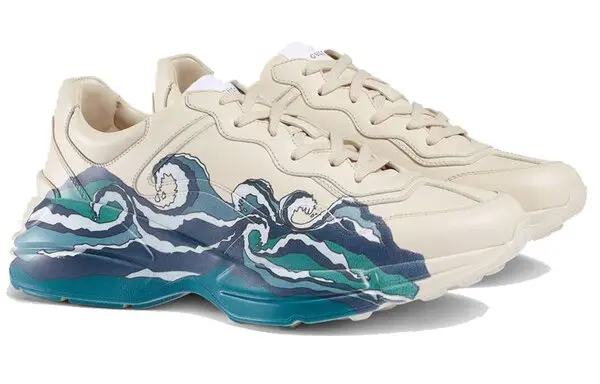 Gucci Rhyton Leather High Top Sneakers With Wave Motif - White