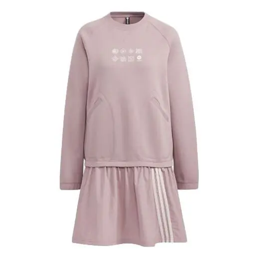 Adidas Long Sleeve Round Neck Dress With Logo Detail - Pink