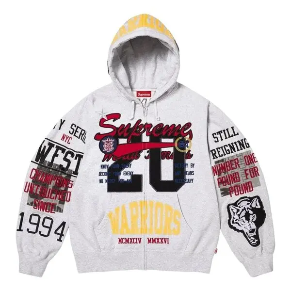 Supreme Ss26 Warriors Appliqué Zip Up Hooded Sweatshirt - Ash Gray