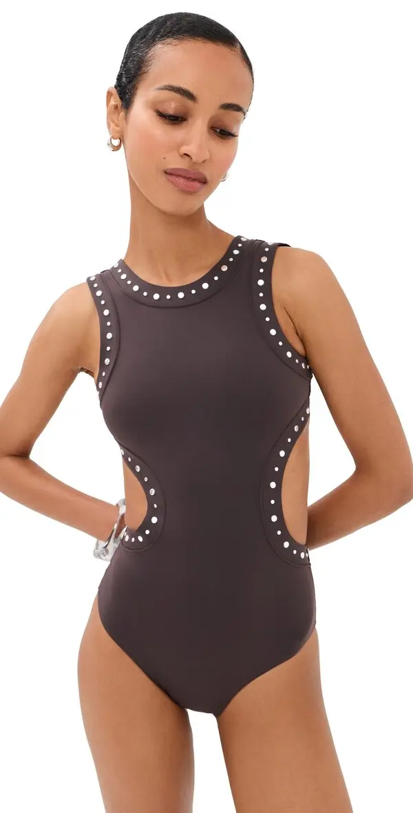 Staud Embellished Cut-out One-piece Swimsuit - Espresso Studs