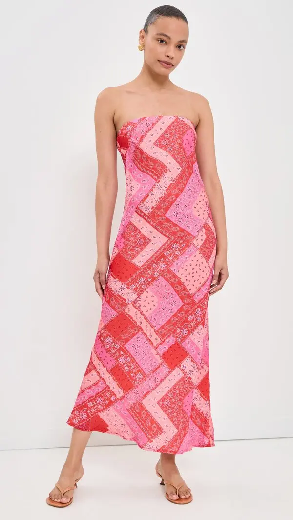 RESA Anna Bandana Print Strapless Midi Slip Dress