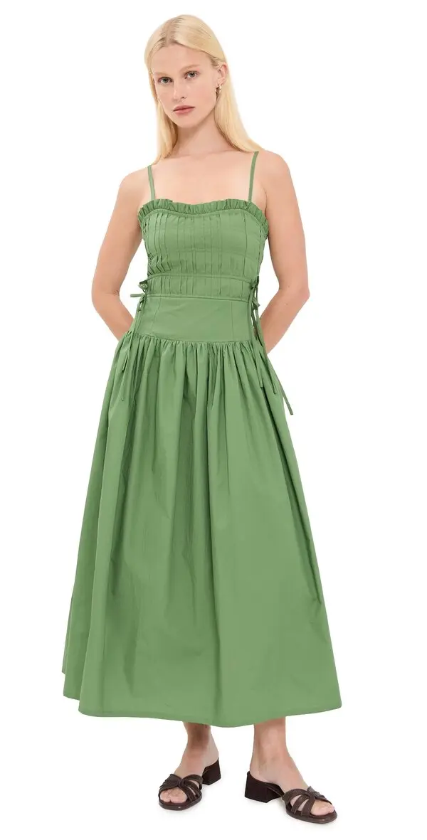 Moon River Pleated Midi Dress - Moss Green