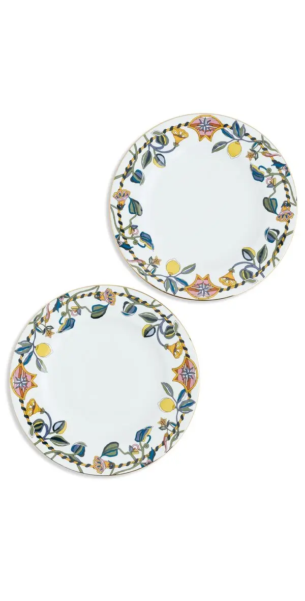 La DoubleJ Set Of 2 Dinner Plates With Floral Print And Gold Trim - Borboni White (fiesole)