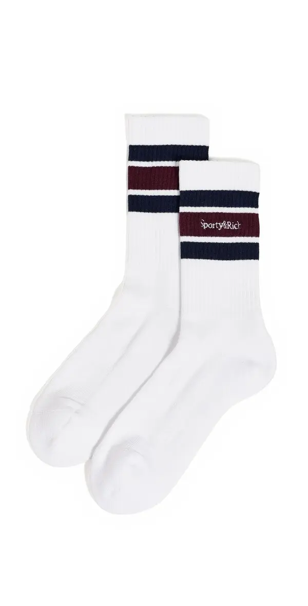 SPORTY & RICH Serif Logo Crew Socks - White/navy/bordeaux White