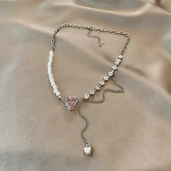 Adidas Heart Pendant Pearl And Crystal Chain Necklace