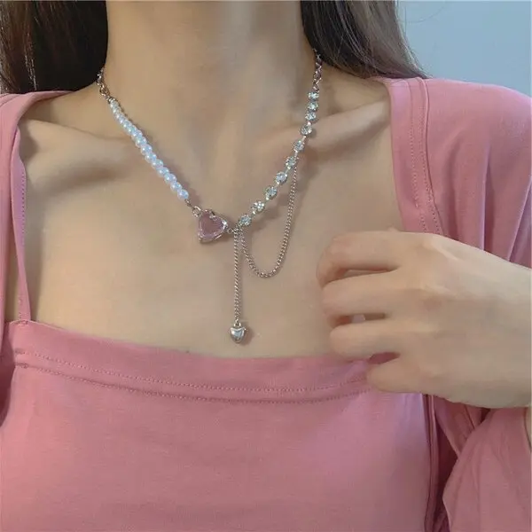 Adidas Heart Pendant Pearl And Crystal Chain Necklace