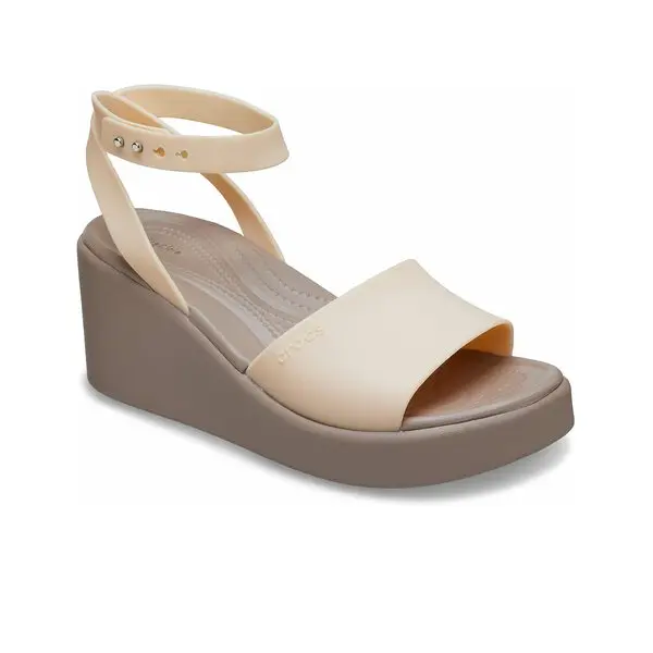 CROCS Brooklyn Ankle Strap Wedge Sandals - Cream White/brown