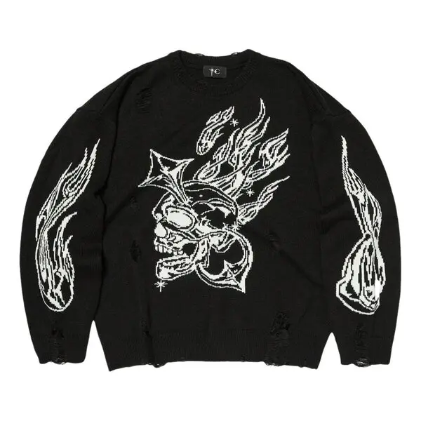 THUG CLUB Chrome Skull Knit Sweater - Black