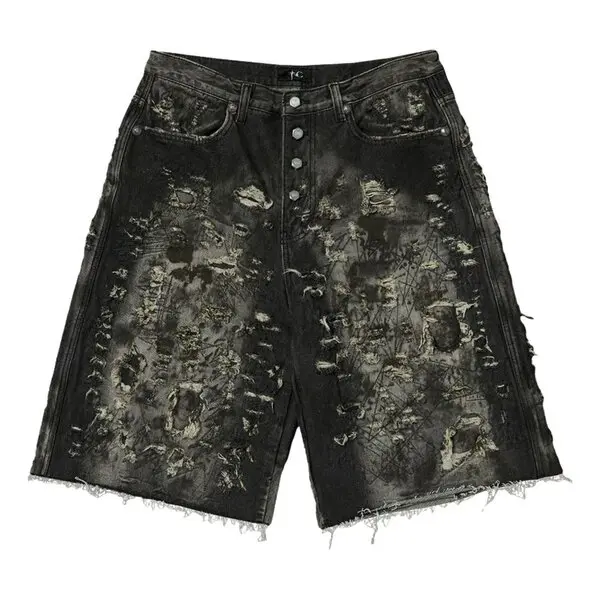 THUG CLUB Hard Washed Destroyed Denim Shorts - Black