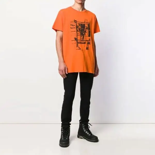 Off-White Cotton Arrow Pattern Printing Round Neck Short Sleeve Orange - Multi-color