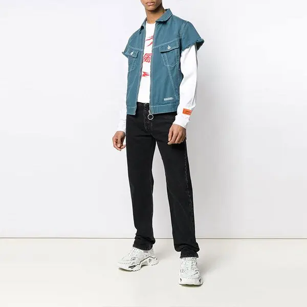 Off-White Zipper Denim Short Sleeve Shirt Loose Fit - Blue