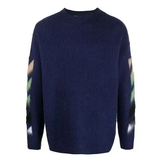 Off-White Knit Sweater With Diagonal Stripe Detail - Blue