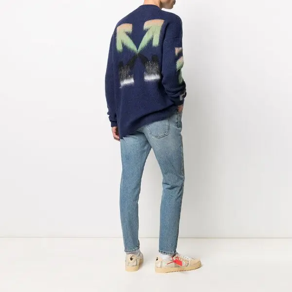 Off-White Knit Sweater With Diagonal Stripe Detail