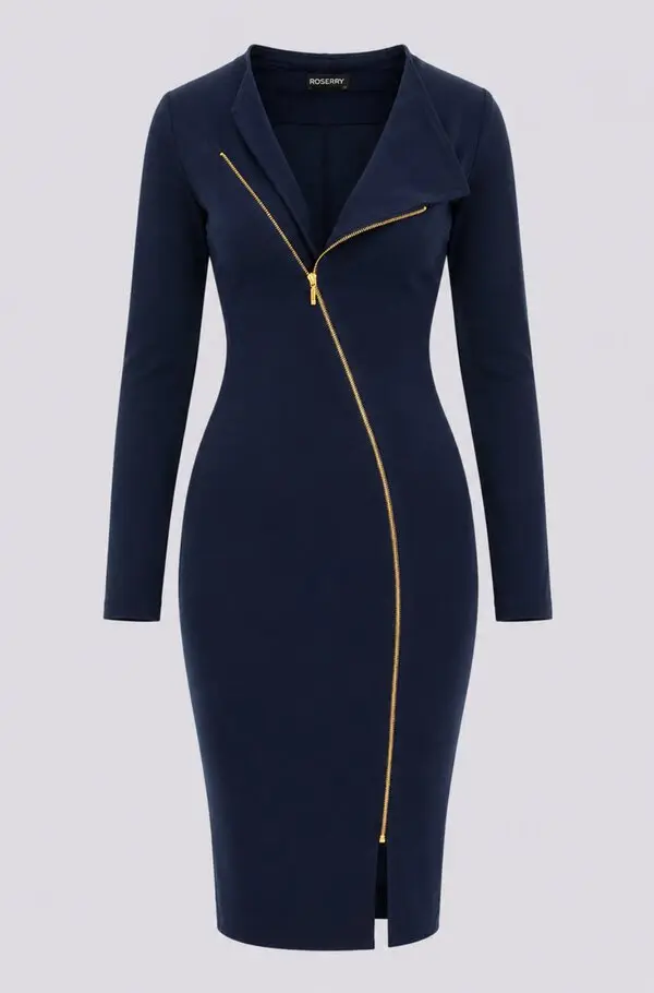 ROSERRY Chelsea Long Sleeve Midi Dress With Metallic Zipper