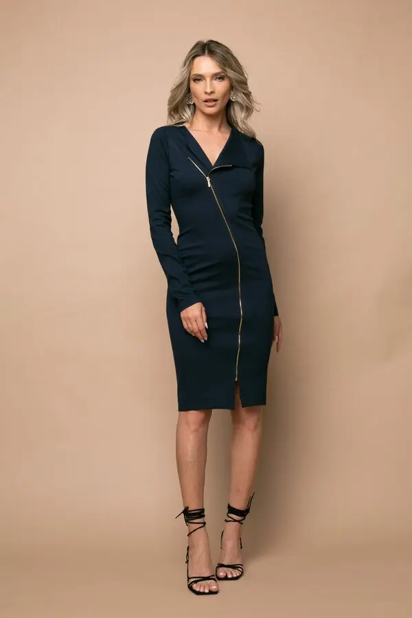 ROSERRY Chelsea Long Sleeve Midi Dress With Metallic Zipper