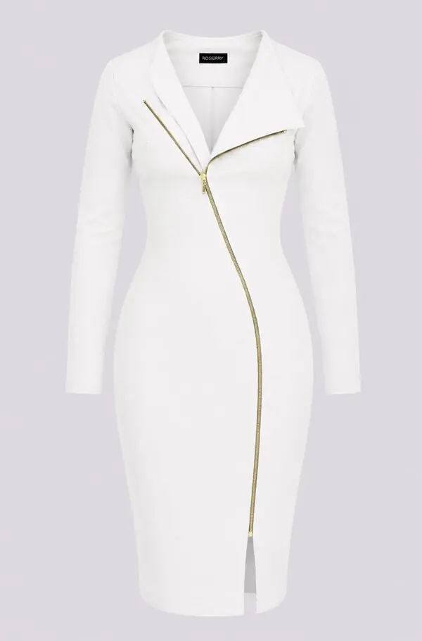 ROSERRY Long Sleeve Midi Dress With Zipper Detail - Navy