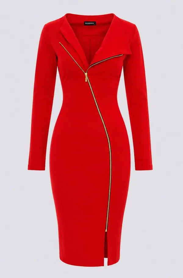 ROSERRY Long Sleeve Midi Dress With Zipper Detail