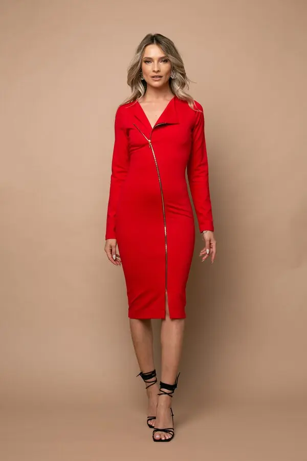 ROSERRY Long Sleeve Midi Dress With Zipper Detail