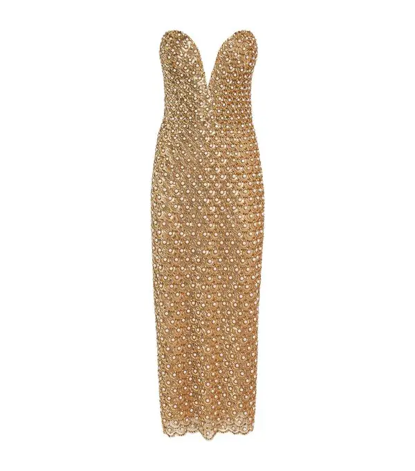 gold patterned strapless dress with white lining Gold Detailed Strapless Ball Gown