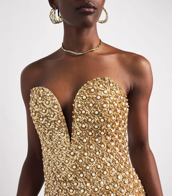 Carolina Herrera Gold Embellished Deep V-Neck Dress