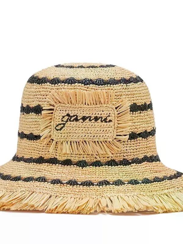 GANNI Striped Raffia Bucket Hat - Neutrals