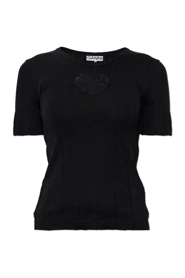 GANNI Ribbed Knit Top With Heart Appliqu