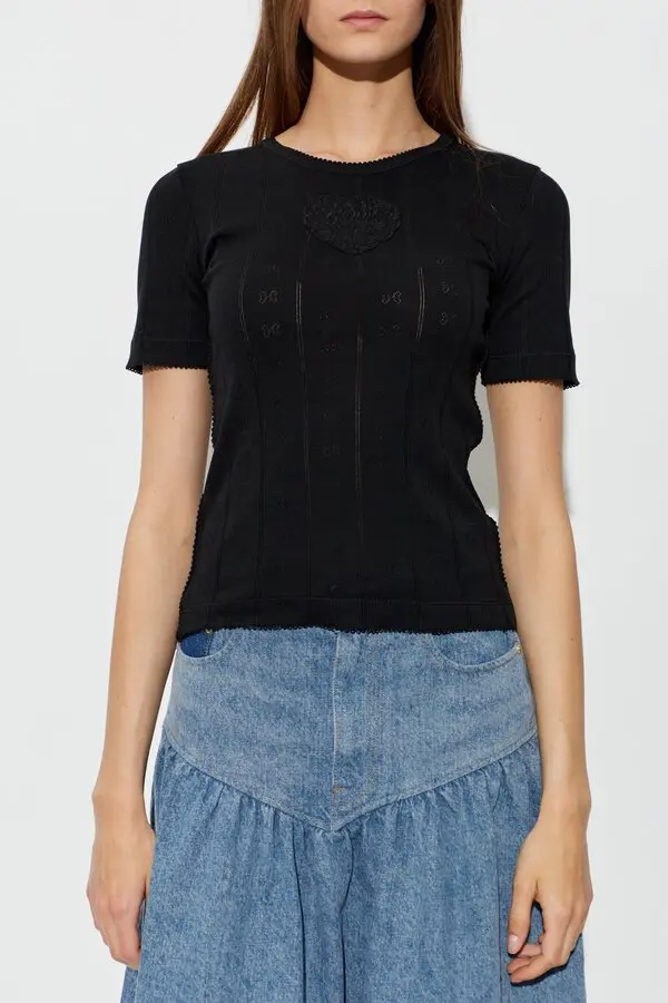 GANNI Ribbed Knit Top With Heart Appliqu