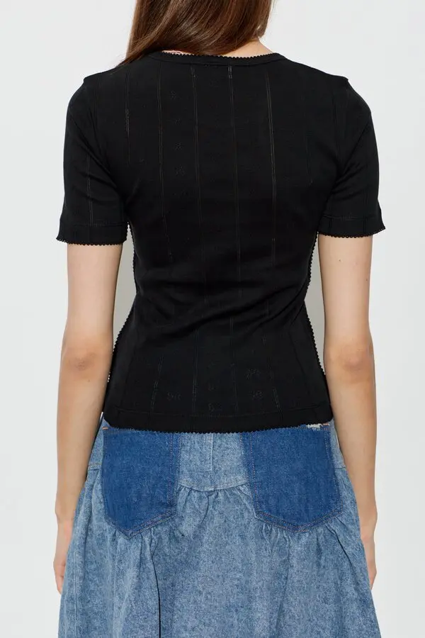 GANNI Ribbed Knit Top With Heart Appliqu