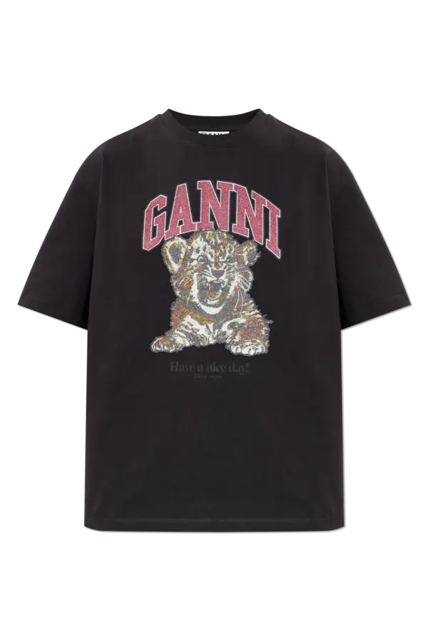 GANNI Cotton T-shirt With Glitter Animal Print And Logo - Black