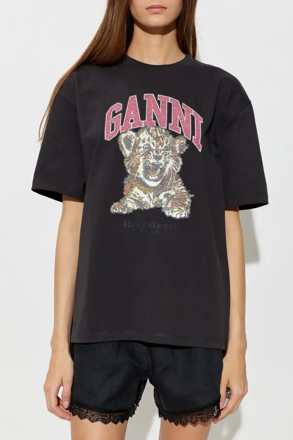 GANNI Cotton T-shirt With Glitter Animal Print And Logo - Black