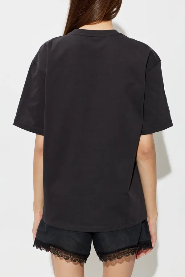 GANNI Cotton T-shirt With Glitter Animal Print And Logo - Black