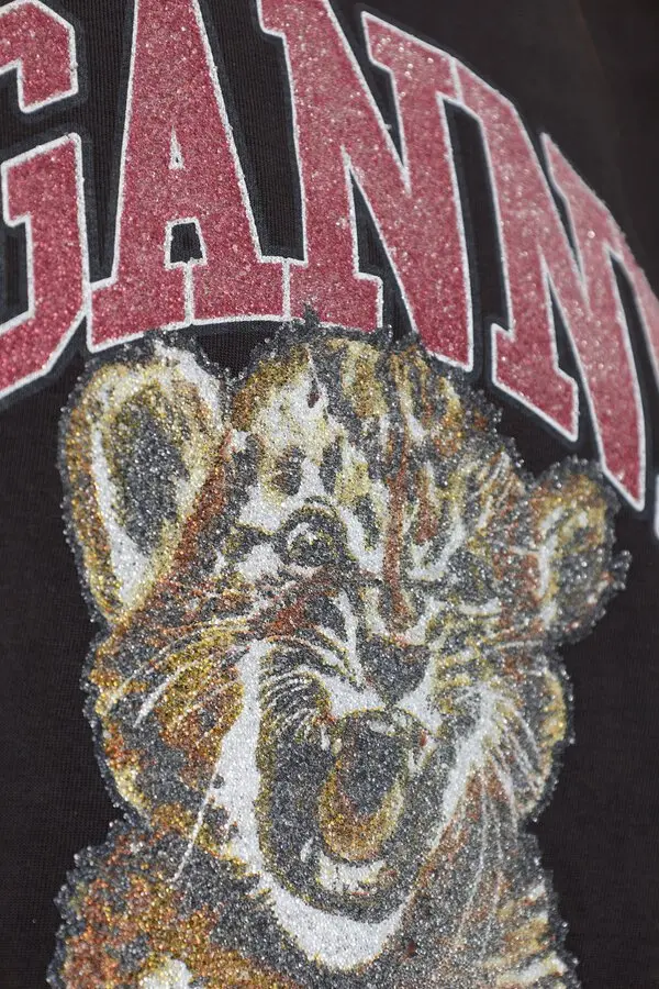 GANNI Cotton T-shirt With Glitter Animal Print And Logo - Black