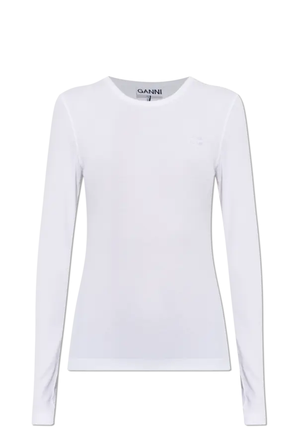 GANNI Ribbed Long Sleeve Top - White