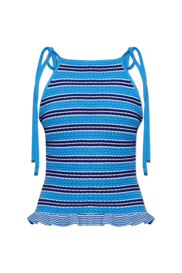 GANNI Striped Open-back Knit Top With Ruffle Hem