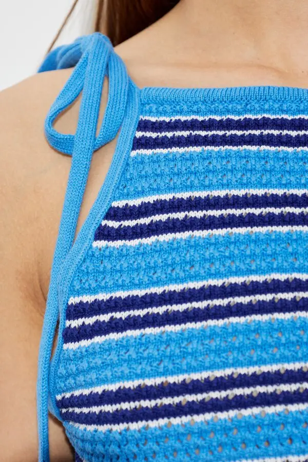 GANNI Striped Open-back Knit Top With Ruffle Hem